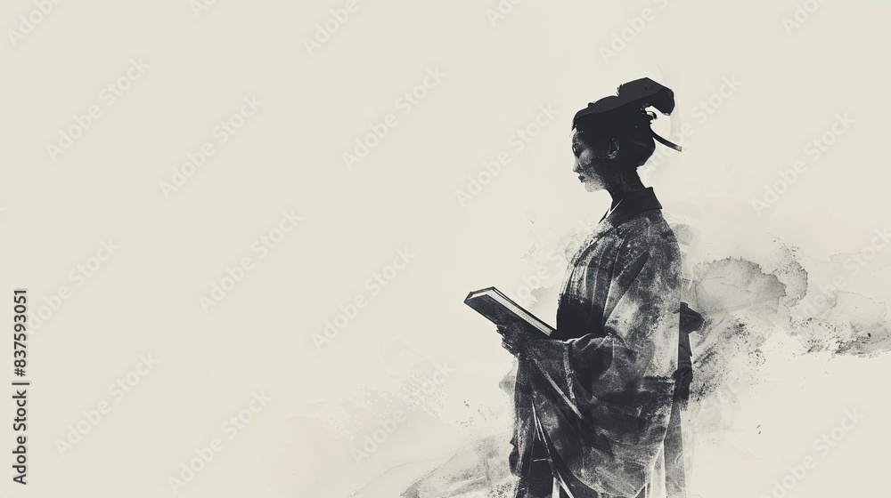 Ancient Chinese literati, holding a book in hand, standing to read ...