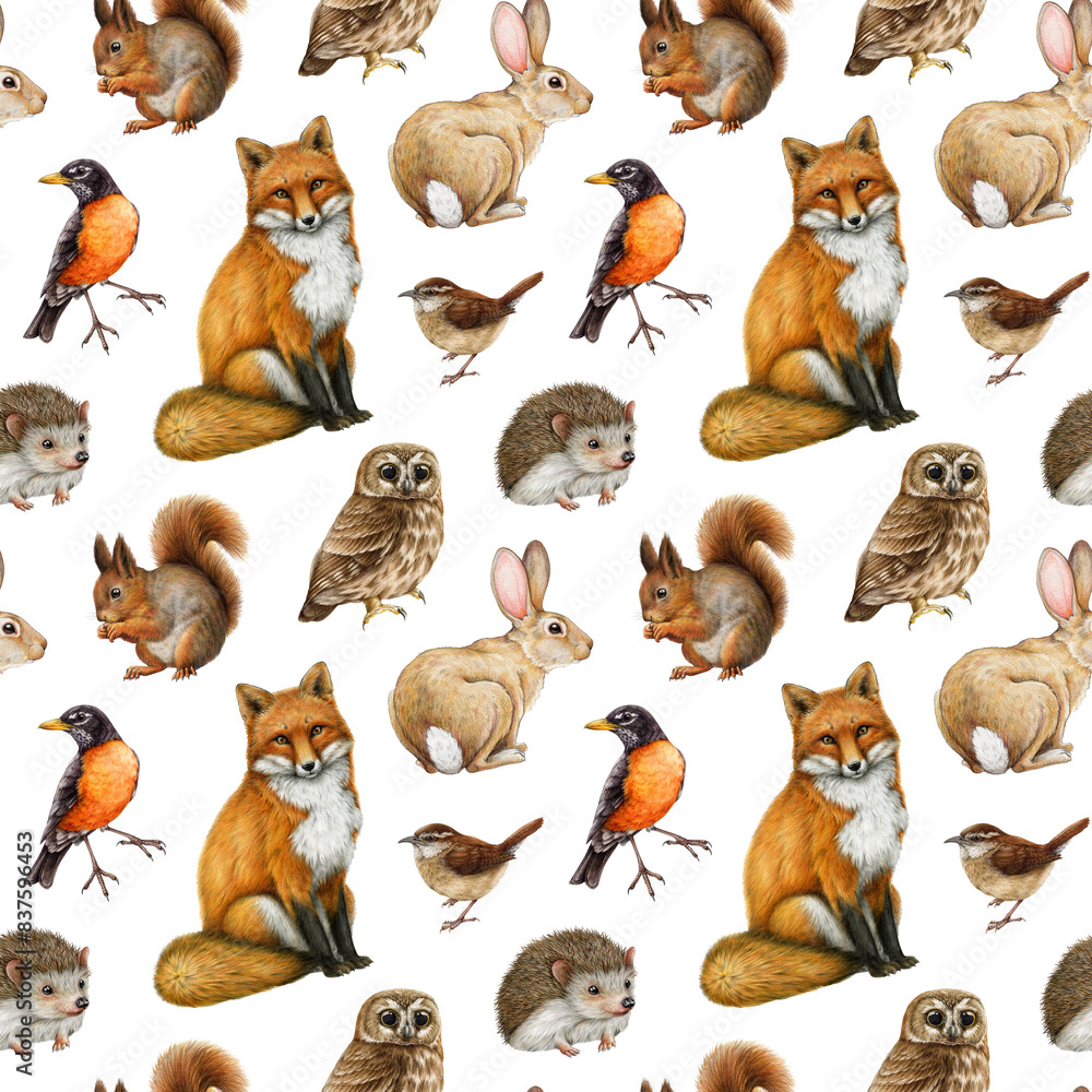 Cute forest animals and birds seamless pattern. Hand drawn watercolor ...