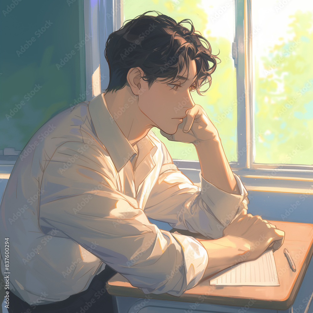 Anime illustration of a young man with black hair deep in thought while ...