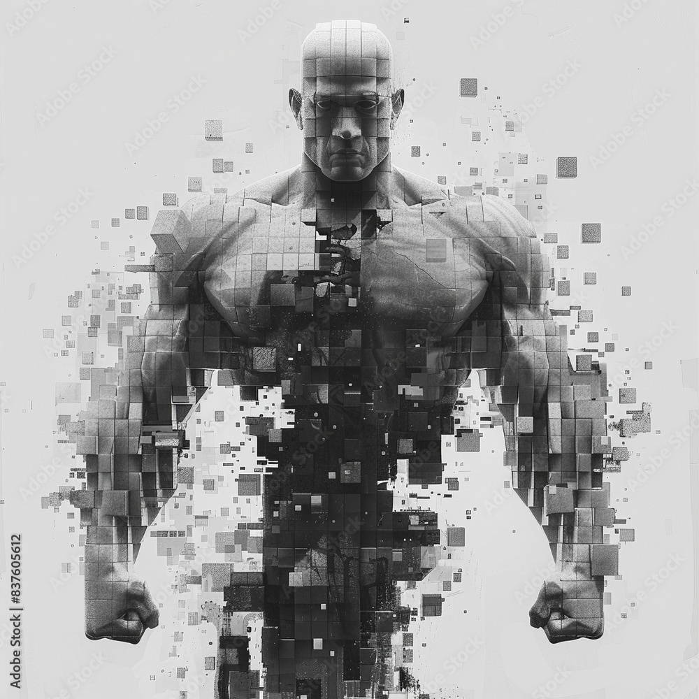 Escultura digital de un hombre musculoso formada por cubos dispersos en ...