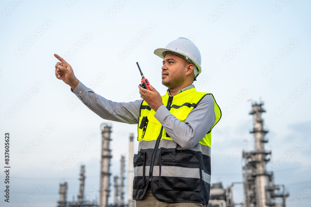 Asian engineer man with safety helmet standing front of oil refinery ...
