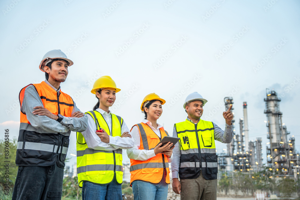 Group of Asian engineer people with safety helmet standing front of oil ...
