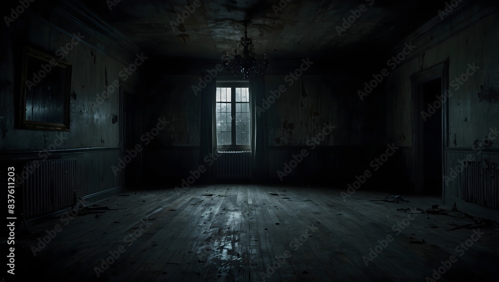 The chilling ambiance of an empty, frightening room cloaked in darkness ...