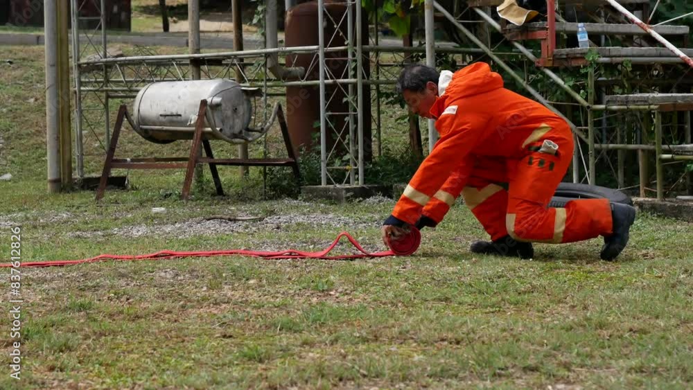 Firefighter rescue kids trapping in fire house and fighting with flame ...