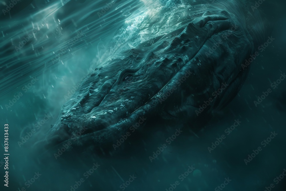 Giant sea monster emerging from the depths, with only its eyes and part ...