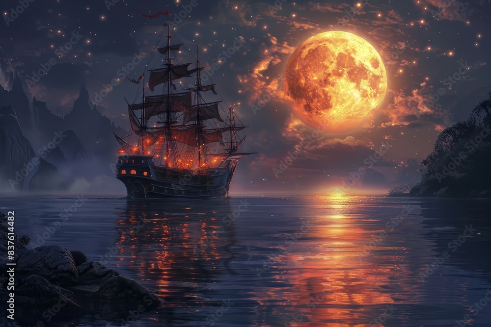 Pirate ship sailing under a full moon, casting a haunting reflection on ...