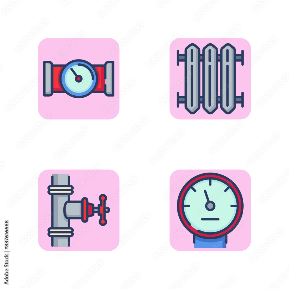 Plumbing system line icon set. Water meter, radiator, pipe and valve ...