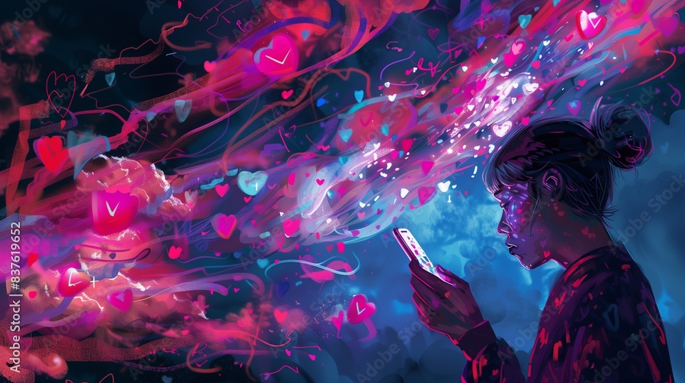 Illustrate a person in a trance-like state, mesmerized by their phone ...