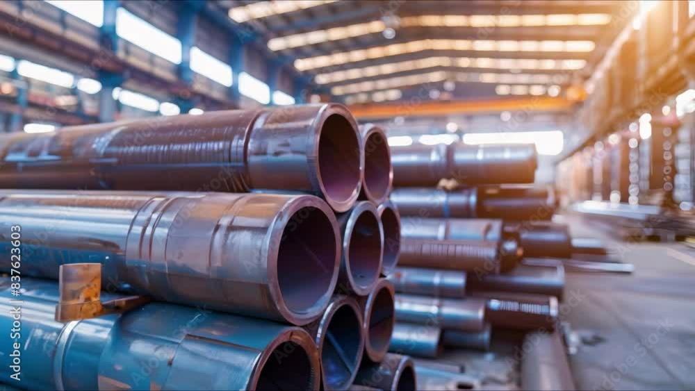 Steel pipes stacked in warehouse with sunlight shining through window ...