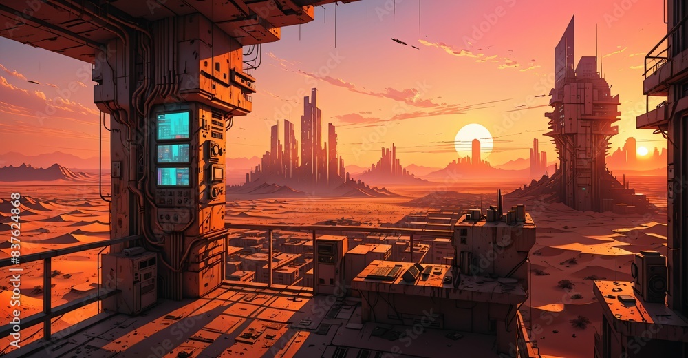 desert cyberpunk wasteland lo-fi sci-fi post apocalyptic city balcony ...