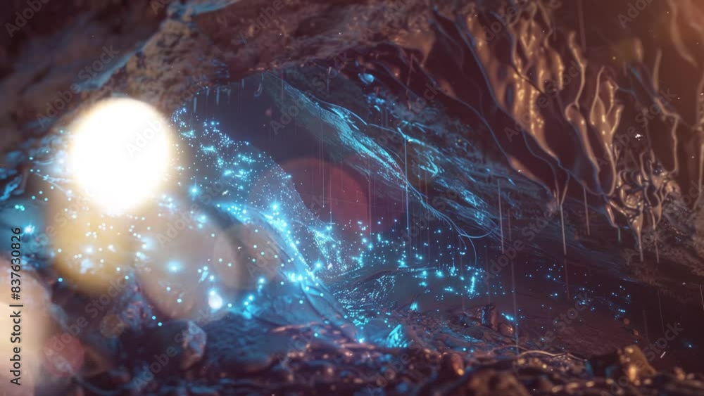 ocean and sea illustration with underground cave with bioluminescent ...