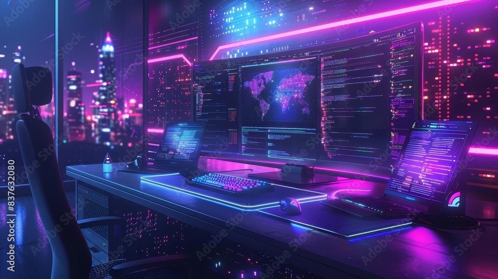 Developer testing API endpoints, sleek and modern workstation, vibrant ...