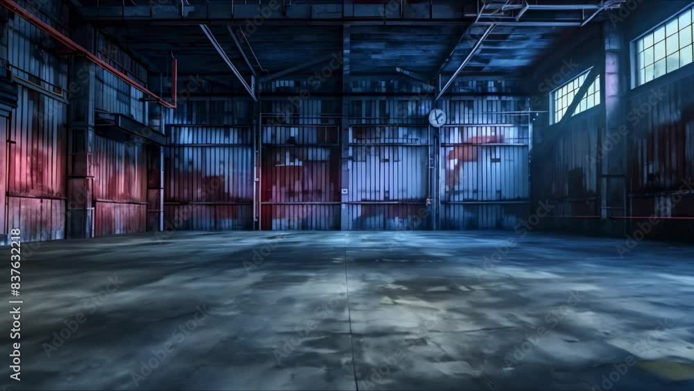 Industrial building interior with concrete floor metal walls and empty ...