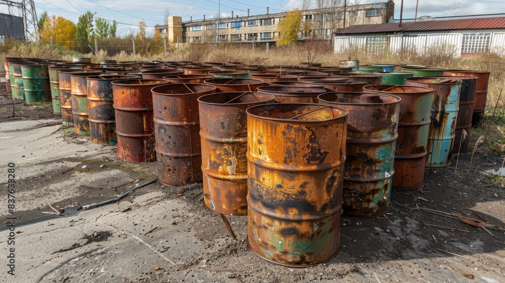 Chemical Waste Drums: Illustrate rows of rusting drums containing ...