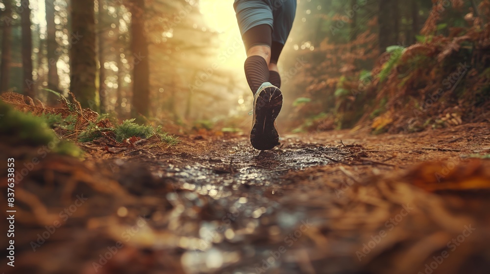 Image captures the dynamic motion of a runner's feet on a foggy forest ...