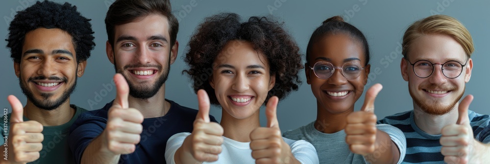 Diverse group of people giving thumbs up and smiling, showing ...