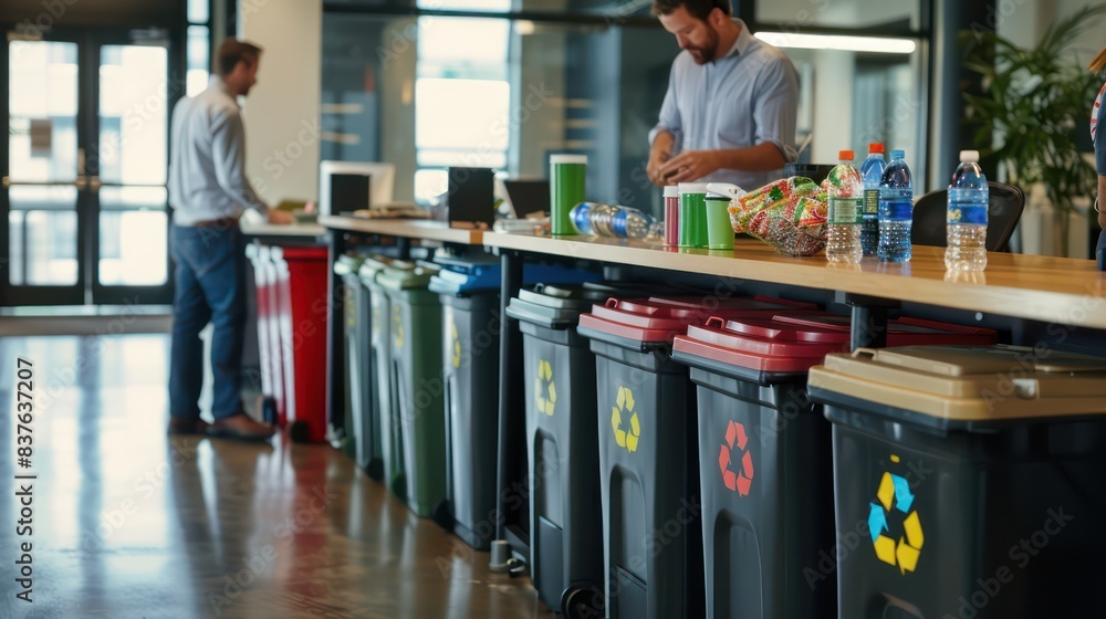 Office Recycling Program: Illustrate employees in an office setting ...