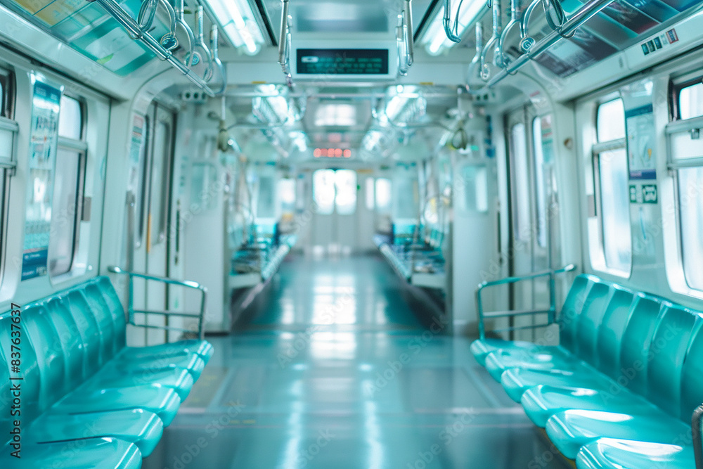 Photo of inside a white and teal subway train in Japan. The clean ...