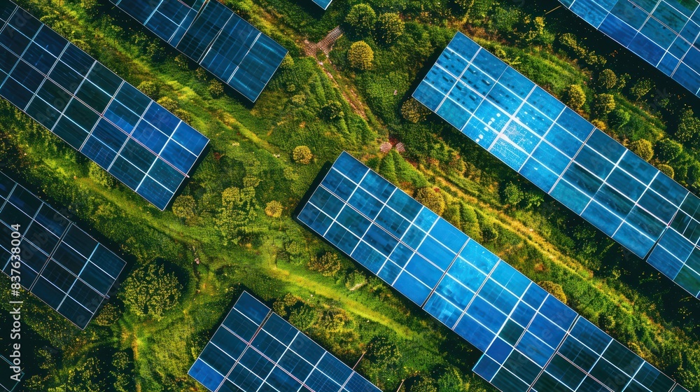 Solar Farm Aerial View: Illustrate an aerial view of a large-scale ...