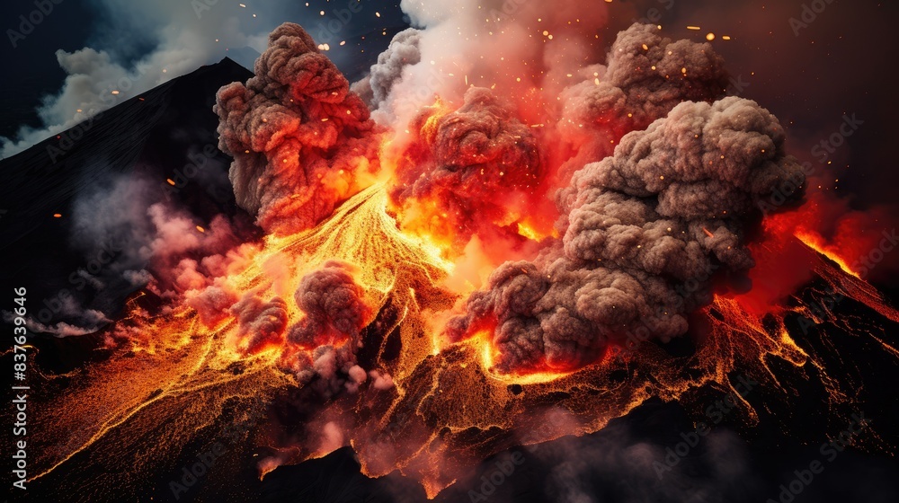 Photograph of a close-up view of a volcano's crater during an eruption ...