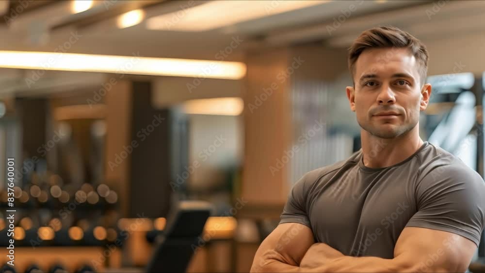 Fitness Coach in Gym with Arms Crossed: Modern Sport Club Interior ...