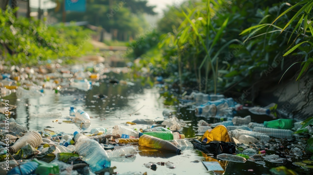 Trash Accumulation: Illustrate a polluted river or stream choked with ...