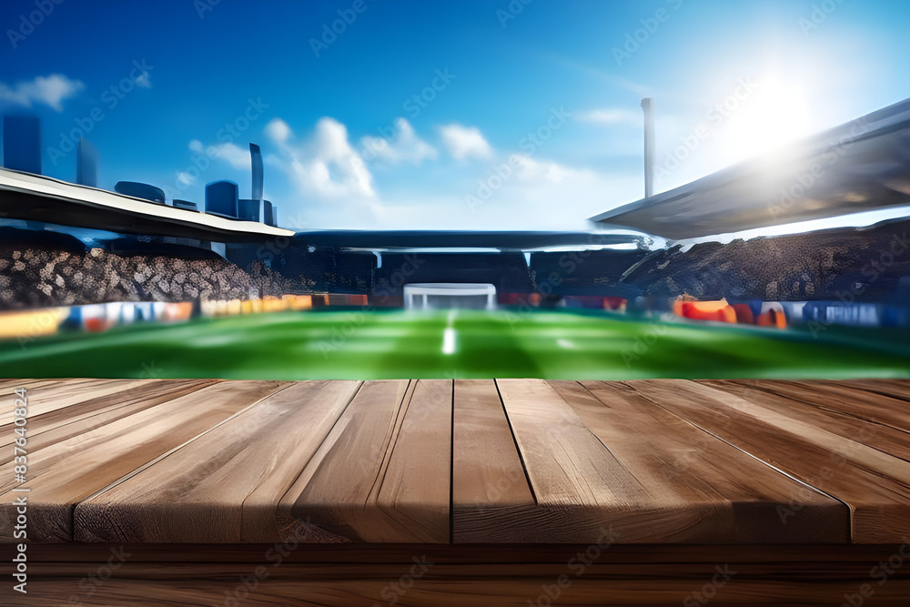 Wood table top with blur indoor football (soccer) field background.For ...