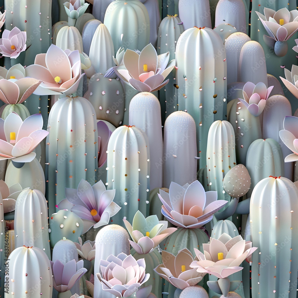 Pastel-colored cacti and delicate cactus flowers in a seamless 3D ...