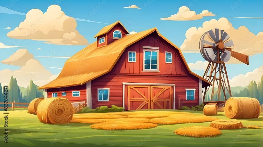 Cartoon barn design with a farm motif that includes hay mounds and ...