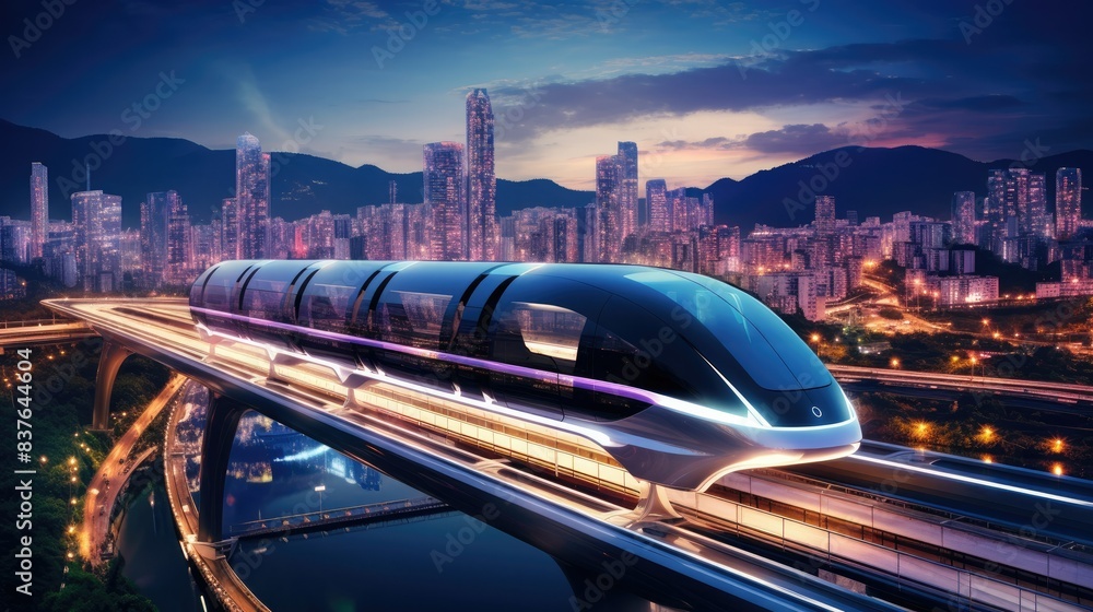 photograph of a maglev train levitating above a futuristic cityscape ...