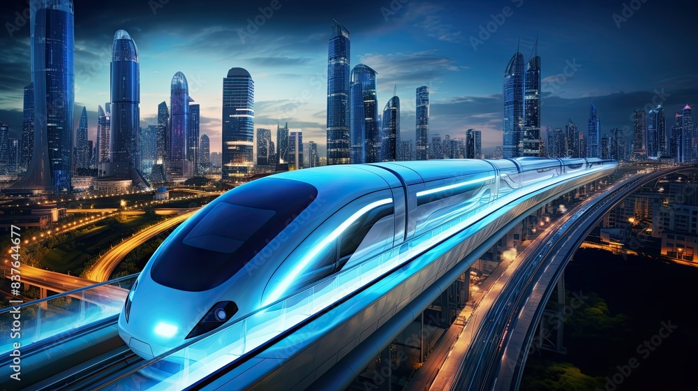photograph of a maglev train levitating above a futuristic cityscape ...