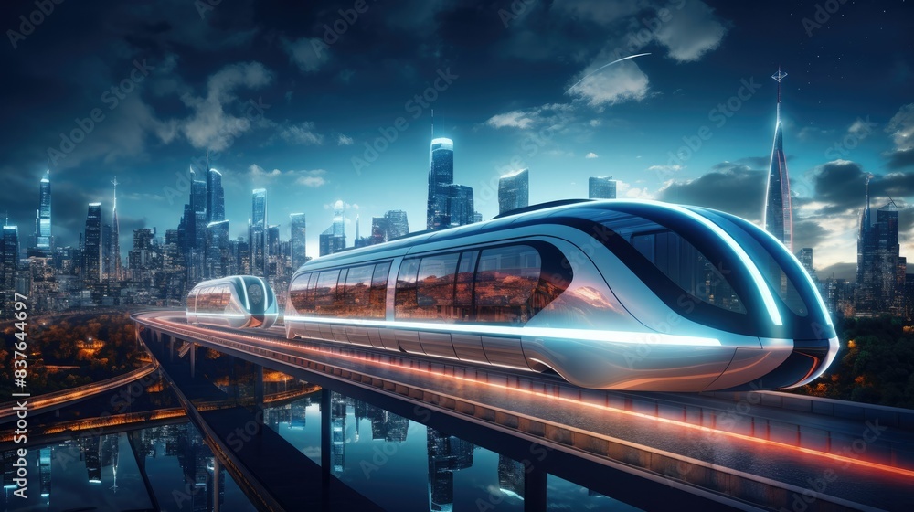 photograph of a maglev train levitating above a futuristic cityscape ...