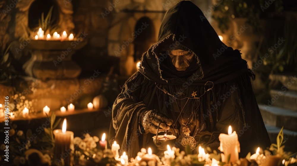 Warlock performing a ritual with ancient artifacts Stock Illustration ...