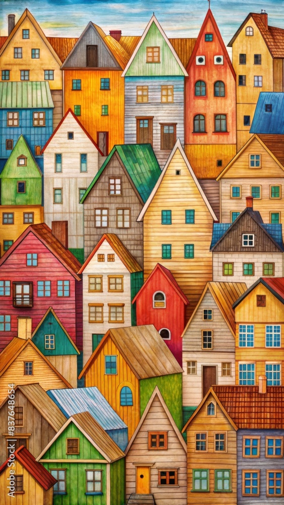 A colorful painting of many houses, houses made by wood, houses made in ...