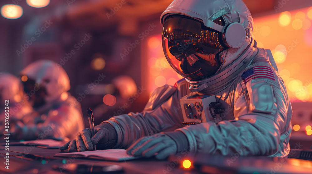 Astronaut writing in a control room. Futuristic and intense space ...