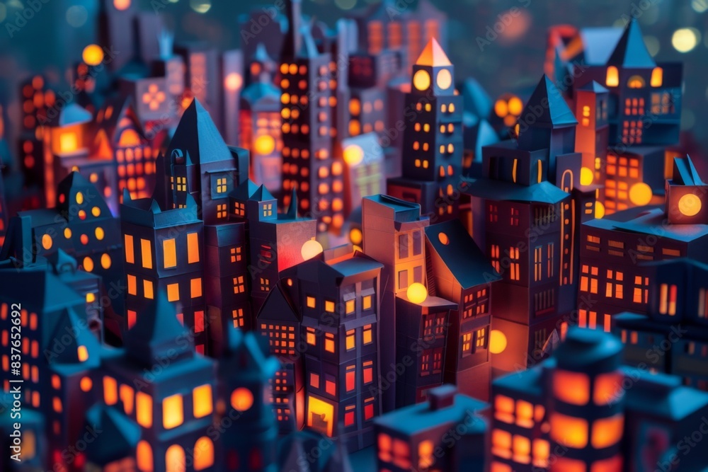 Papercraft Art of a Bustling Cityscape with Illuminated Windows ...