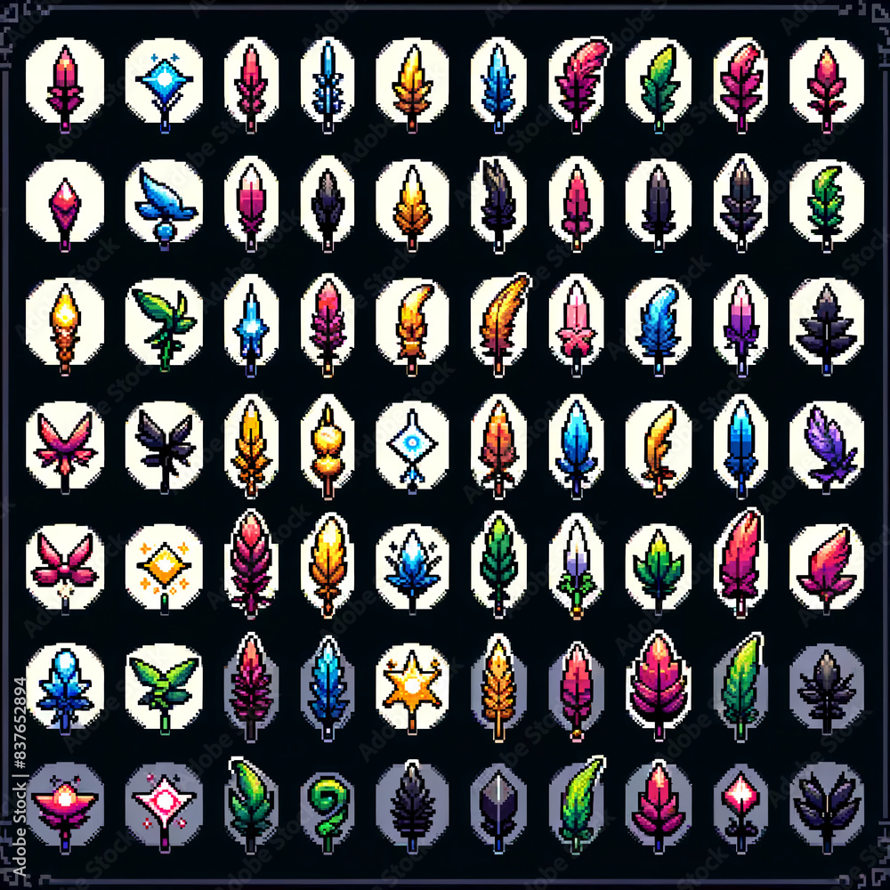 RPG Pixel Art Magic Feathers Icons for Game UI and Design Stock ...