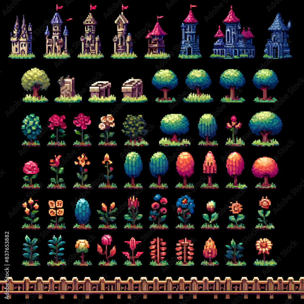 RPG Pixel Art Castle Gardens Icons for Game UI and Design Stock ...