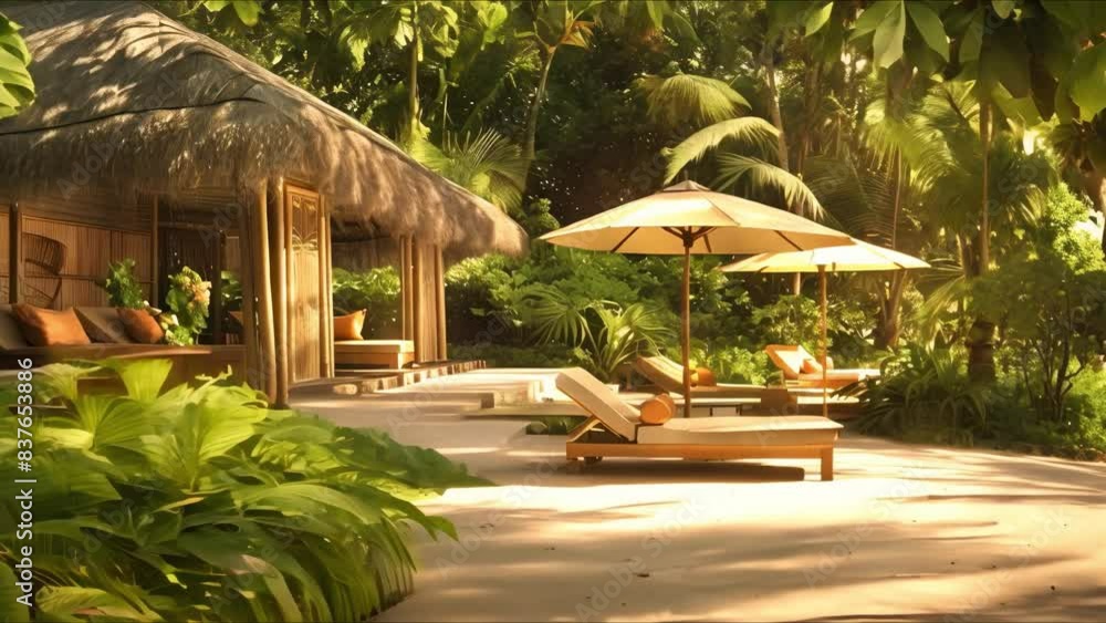 Secluded Beach Resort: Thatched-Roof Huts, Lush Greenery, and Exotic ...
