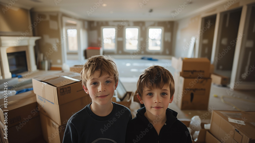 A photo of two brothers standing in an empty living room, the last box ...
