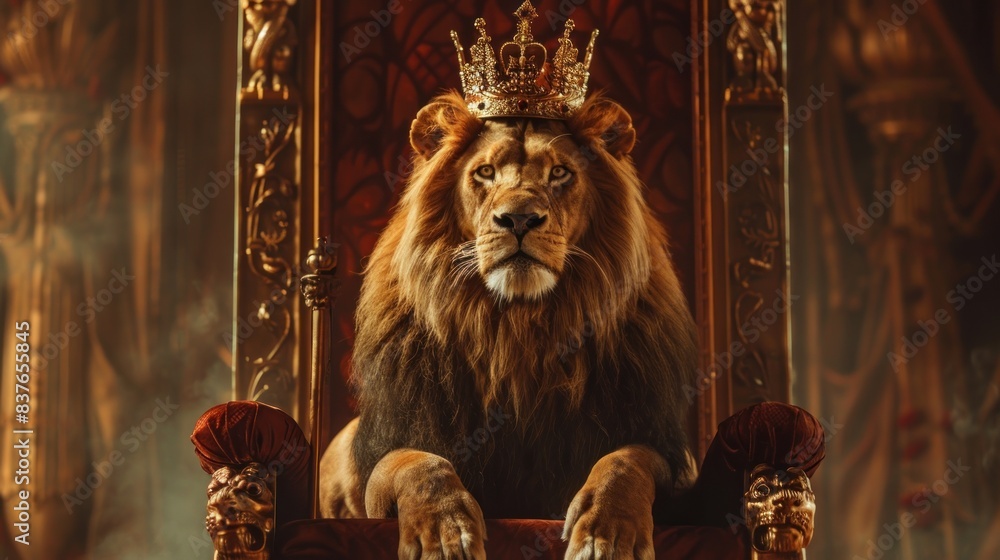 The lion king wears a crown and scepter sitting on a royal chair ...
