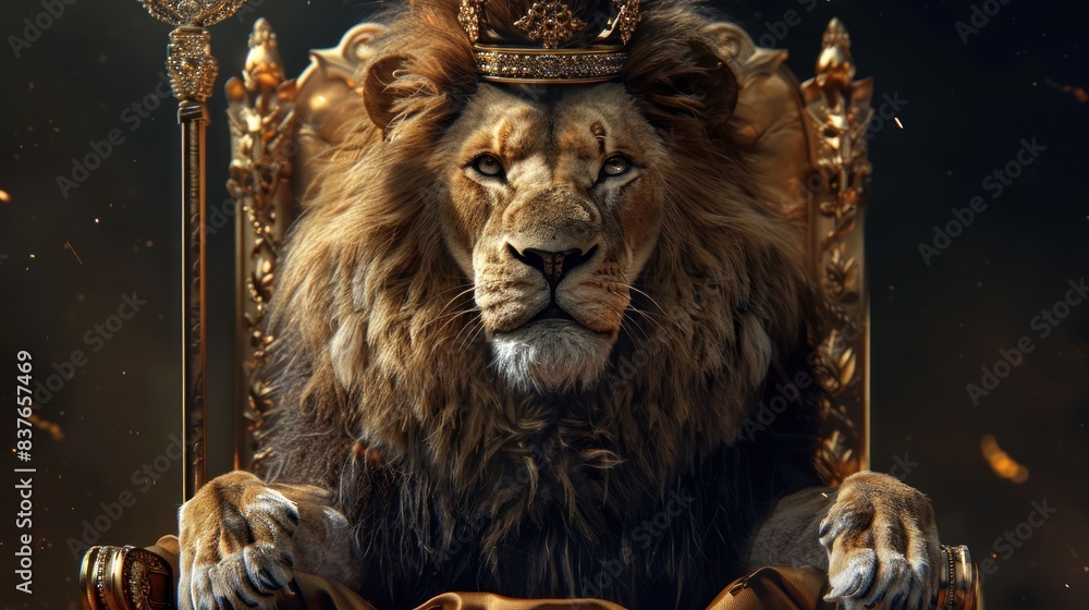 The lion king wears a crown and scepter sitting on a royal chair. generative AI image Stock ...