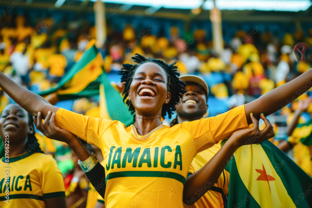 Jamaican football soccer fans in a stadium supporting the national team ...