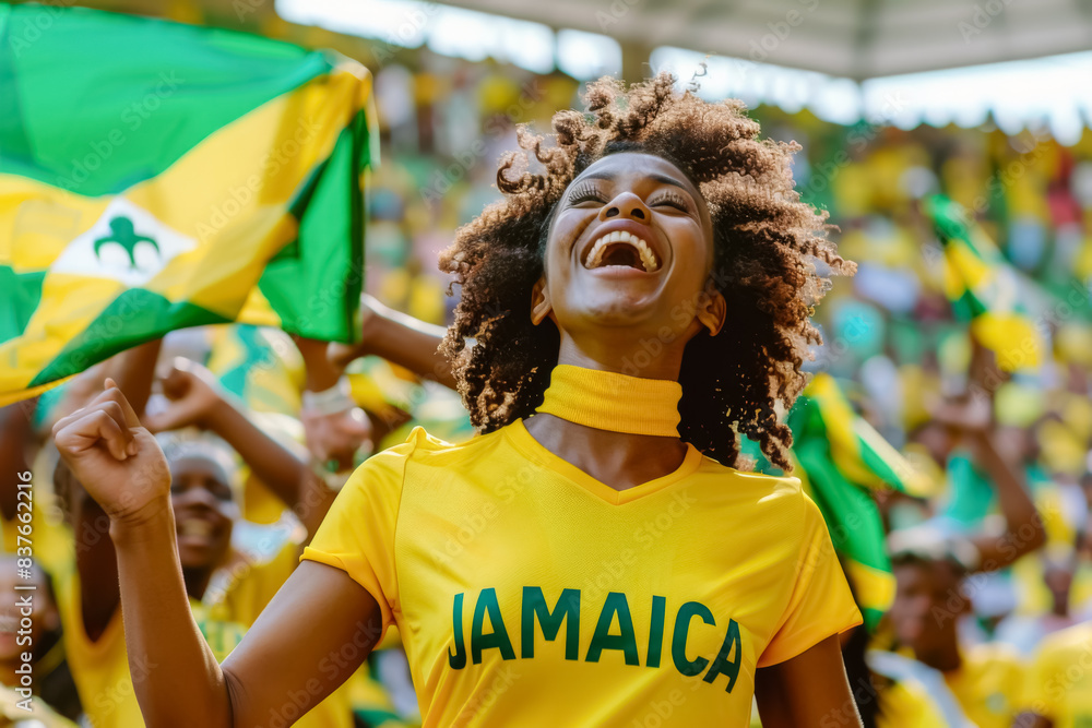 Jamaican football soccer fans in a stadium supporting the national team ...