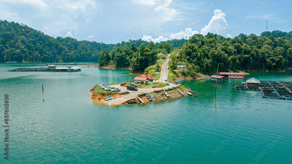Aerial drone view of Kenyir Lake or Tasik Kenyir which is located at ...
