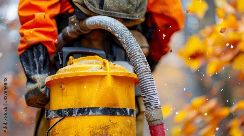 A tight shot of a firefighter in a helmet, gripping a yellow fire ...