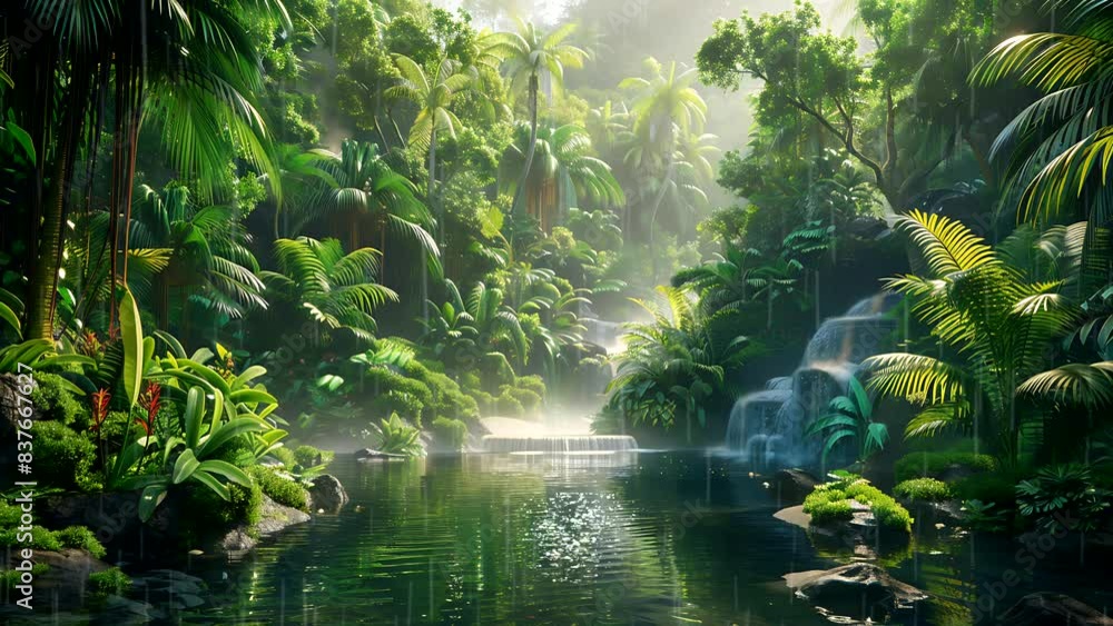 lush rainforest with towering trees, exotic plants and sparkling water ...
