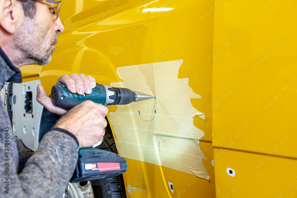 DIY, Camper Jumper van conversion. hand using Steel Step Drill to ...
