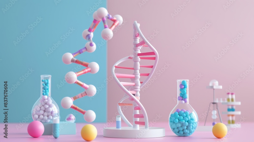 Pink and blue pastel background with white DNA double helix and glass ...
