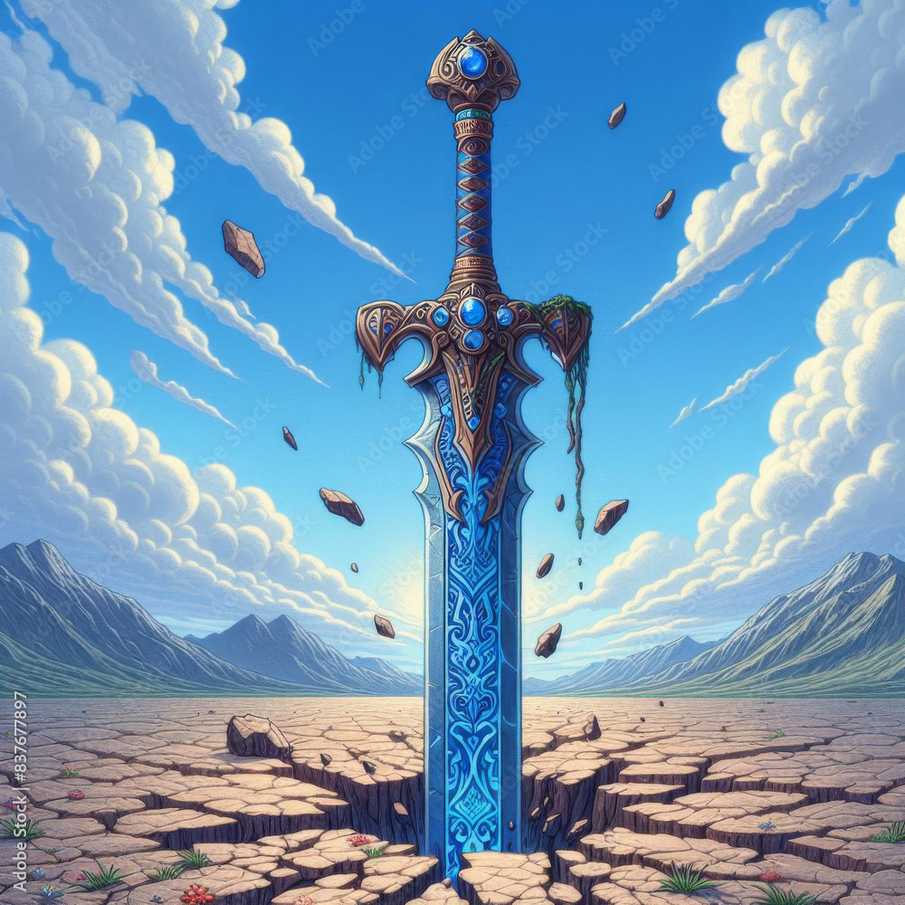 Mystical Sword of the Desert: Ornate Blade Embedded in Cracked ...